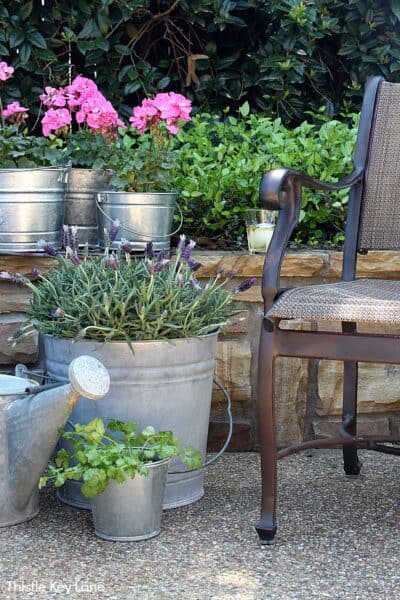 Simple Bucket Container Garden With Flowers - Thistle Key Lane