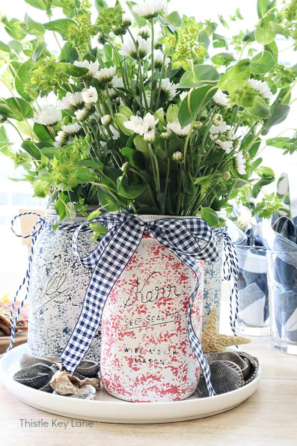 Coastal Spongeware Mason Jar Centerpiece - Thistle Key Lane